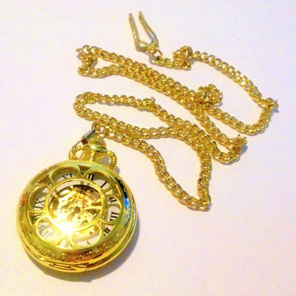 Unbranded | Accessories | Gold Tone Mechanical Skeleton Pocket Watch ...